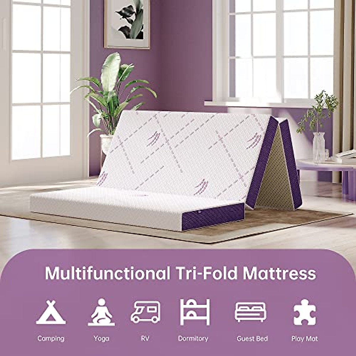 TeQsli Folding Mattress Twin Size, 4-Inch Foldable Mattress, Tri-Fold Gel Memory Foam Mattress with Washable Cover, Portable Mattress for Traveling, Camping, Guest Bed