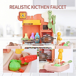 Mujiya Play Kitchen Set for Kids, Kitchen Toys with Real Sounds & Lights, Play Sink, Cooking Stove, Pretend Play Kitchen Food Toys, 24Pcs Kitchen Playset for Toddlers Ages 4-8, Gift for Boys and Girls