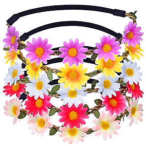 eBoot Multicolor Daisy Flower Headband Crown with Adjustable Elastic Ribbon, 5 Pieces (Multicolor B)