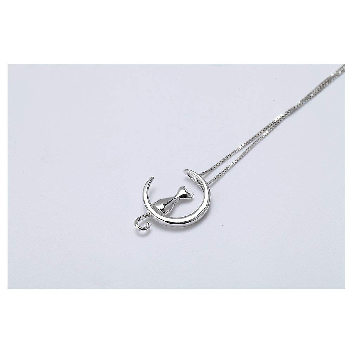 WRISTCHIE Sterling Silver Jewelry Cat On Moon Pendant Necklace 18" (Silver)