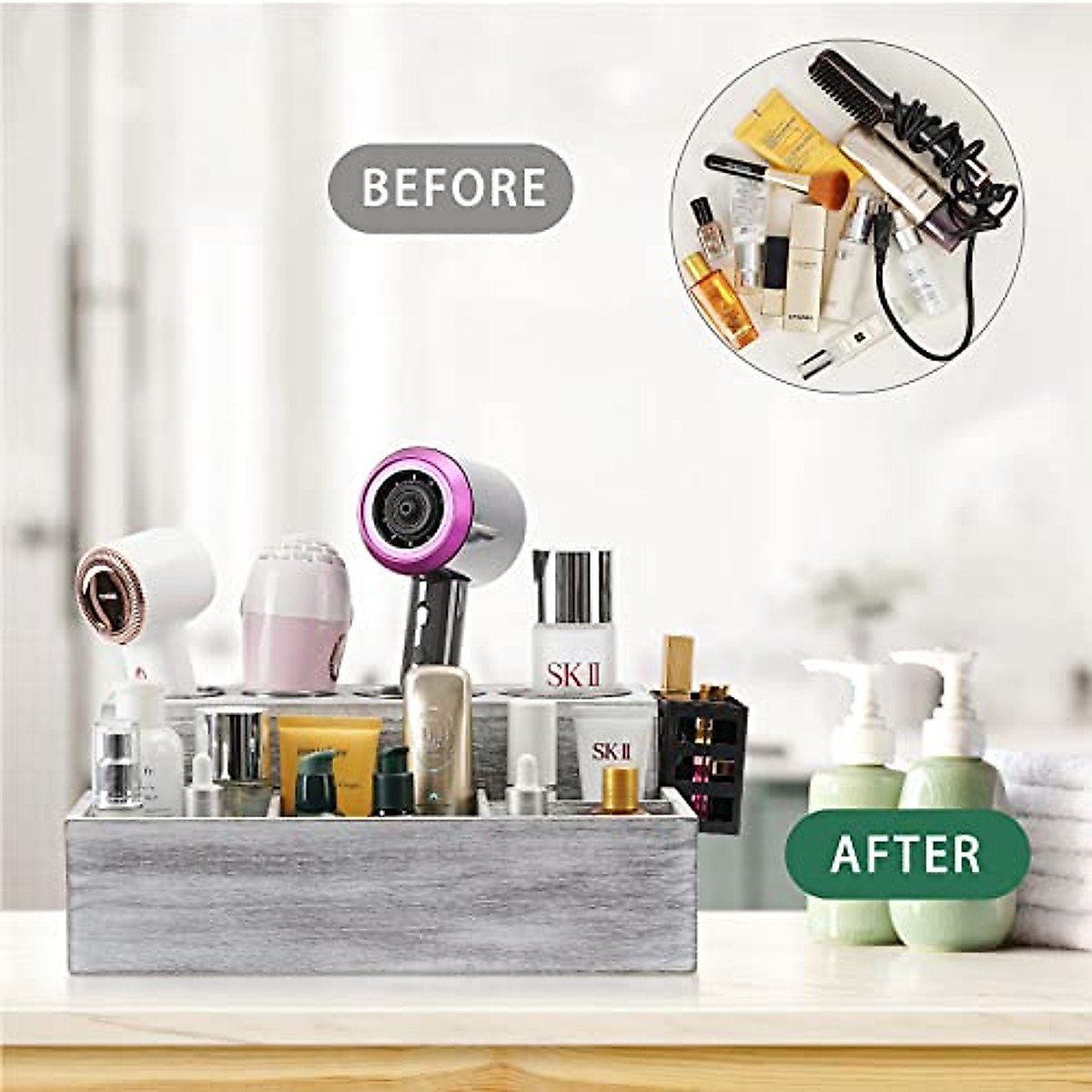 TRSPCWR Hair Tool Organizer, Wooden Hair Dryer Holder and Bathroom Countertop Blow Dryer Holder, Vanity Caddy Storage Stand for Accessories, Makeup, Toiletries