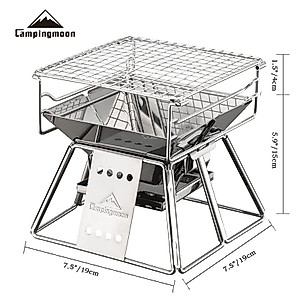 Campingmoon Foldable BBQ Grill, Portable Charcoal Grill, Stainless Steel Wood Burning Stove, Barbecue Cooking Stove for Outdoor/Garden/Camping/Picnic/Party (X-MINI)
