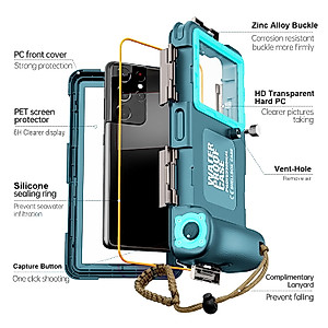 Underwater Snorkeling Diving Phone Case for iPhone 15/14/13/12/11 Pro Max/XR/XS/X Samsung Galaxy S24/S23/S22/S21, Professional Scuba Dive Waterproof Case Underwater Photo & Video Housing (Teal-Blue)