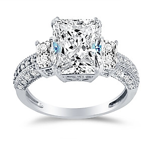 Size - 7-14k White Gold Emerald 3 Stone With Accents Milgrain Solitaire Engagement Ring CZ Cubic Zirconia (4.0cttw., 3.0ct. Center)