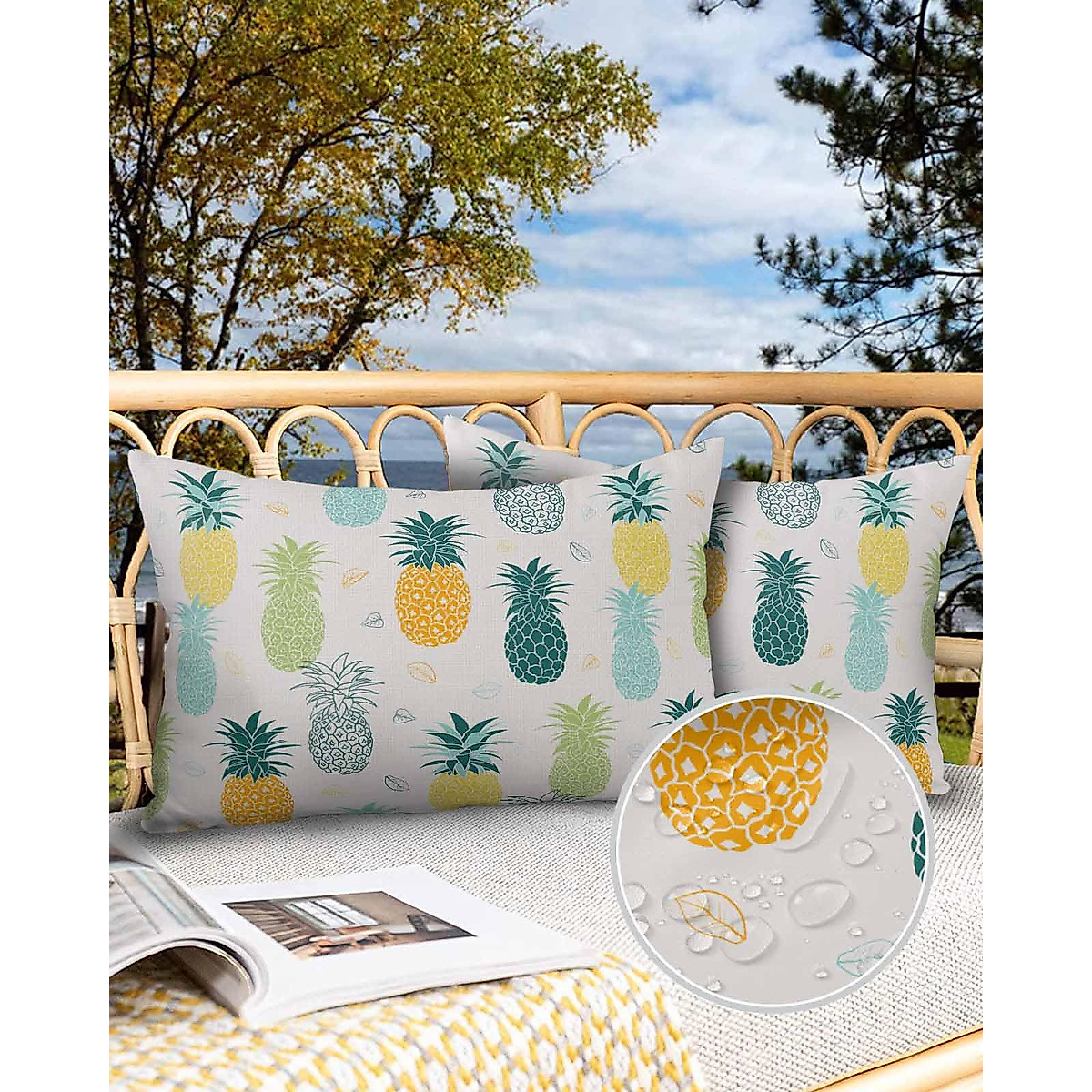 ALAGEO Outdoor Waterproof Pillow Covers for Patio Furniture Pineapple Decorative Throw Pillow Cover Summer Tropical Fruit Pillowcases Set of 2 Cushion Case for Sofa Couch Chair Home Decor 20x12 inch