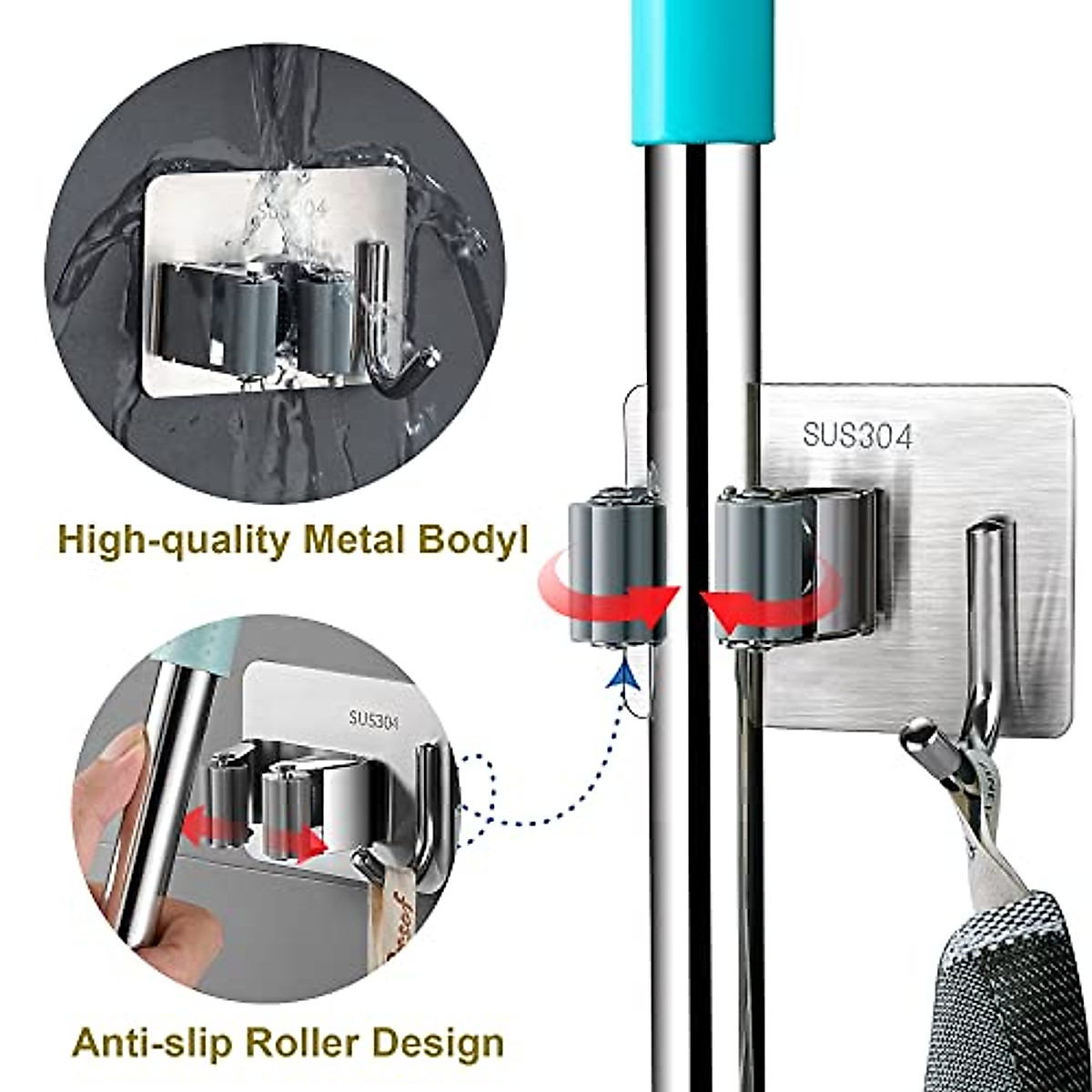 ATTEASAY 4 PCS Broom Holder, broom bracket mop bracket, Broom Gripper Holds Self Adhesive Broom and Dustpan Hanger for Home, Kitchen, Garden, Garage Storage Systems