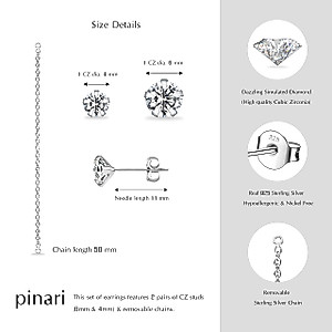 Pinari Chain Earrings Double Piercing with Detachable Chain - 2 Cubic Zirconia Studs 6mm & 4mm- 925 Sterling Silver Drop Dangle Earrings - Gift Box Included