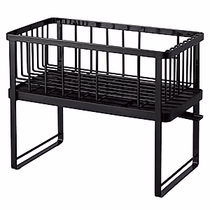 YAMAZAKI Home Tower Two-Tier Adjustable Dish Drainer Rack, Compact Drying Rack with Hooks, Utensils Holder - Steel -