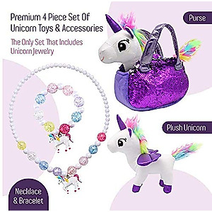 PASSIONFRUIT Unicorn Stuffed Plush Animal Toy Set with Purse Necklace & Bracelet - Plush Unicorns Birthday Gifts for Girls - Unique Rainbow Unicorn Stuffed Pet for Age 3 4 5 6 7 yrs. (Pink)
