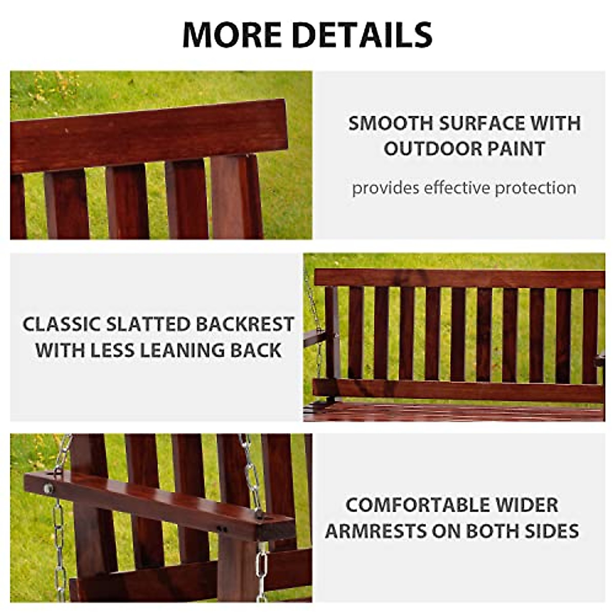 Wooden Porch Swing Chair, 48" Patio Swing Hanging Chair Outdoor Swings for Adults/Kids, Heavy Duty Swing Outdoor Swing with Hanging Chains & Reclined Backrest for Outdoor Patio Garden Yard, 800 lbs