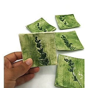 Clay Ring Dish, Small Square Handmade Ceramic Trinket Dish, Small Tealight Candle Holder, Teabag Holder (Sage Flower)