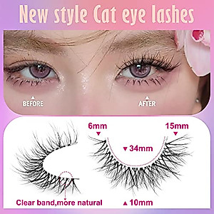 Wispy Lashes Natural Look False Eyelashes Clear Band Fluffy Faux Mink Cat Eye Lashes Pack 15mm 3D Light Fake Lashs that look like Extensions Soft Curly Lash Strips 7 Pairs