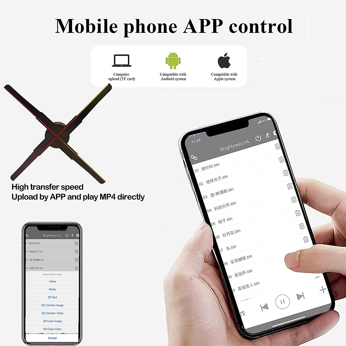 3D Hologram Fan,Hologram Fan Projector Screwless Led Lights with App and WiFi, Remote Control, and Bluetooth for Bar, Shop, Halloween, Christmas, (17.7 inches (WiFi+APP))