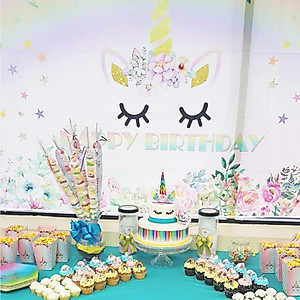 Unicorn Cake Topper Handmade Rainbow Horn Unicorn Cake Topper Unicorn Happy Birthday Party Decoration Supplies Magic Reusable Cake Topper with Eyelashes and Stack for Girls Kid Women, 5.8 Inch