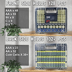 yohosa Batteries Organizer Storage Box with Tester,Clear Batteries Holder Case Portable Holds 230 Battary for AA AAA C D 9V 23A CR123(No Batteries)(Black)