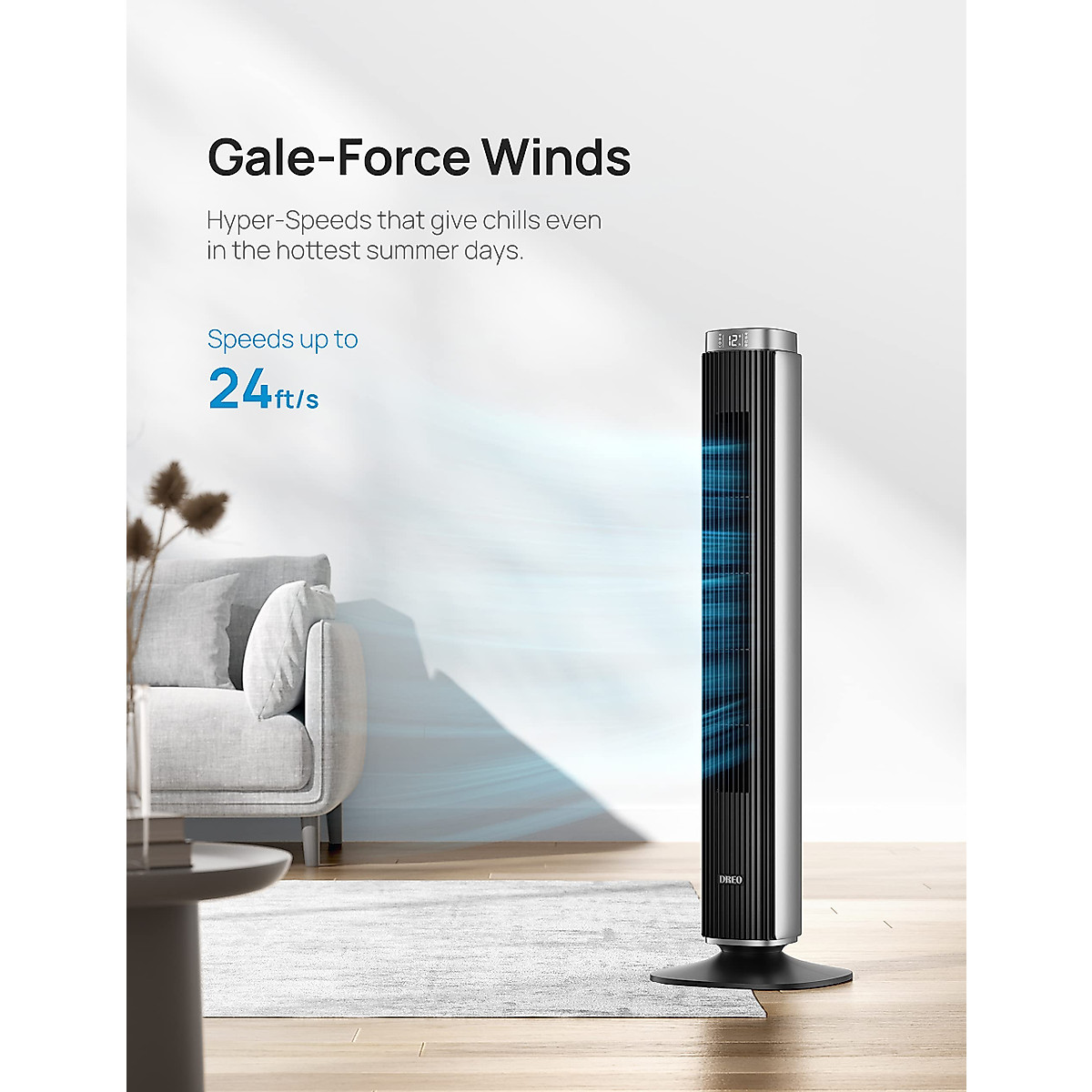 Dreo 42" Tower Fan for bedroom, 25 DB Quiet DC Bladeless Fans, 90° Oscillating Fan with Remote & Smart Tower Fans for Home, 90° Oscillating Fans for Indoors, 26ft/s Velocity Quiet