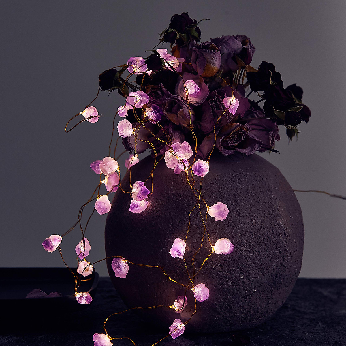 Nature Amethyst Crystal String Lights for Bedroom 10FT 40LEDs USB/Battery Operated Grape Crystal Light Pure Purple Fairy Lights Plug in for Natural Life Cute String Lights for Office