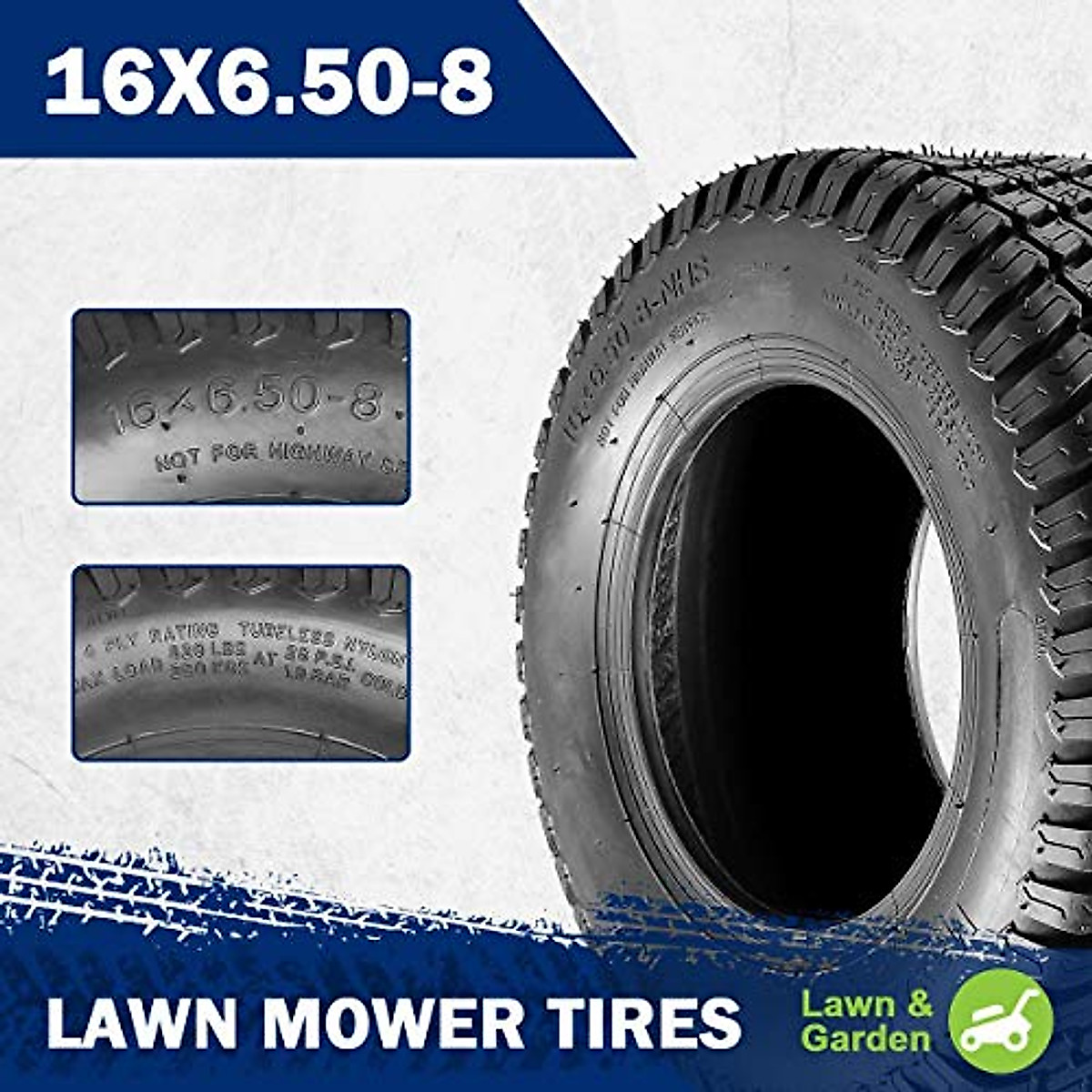 MaxAuto 2 Pcs 16x6.50-8 Lawn Mower Tire for Garden Tractors Riding Mowers, 4PR, Tubeless