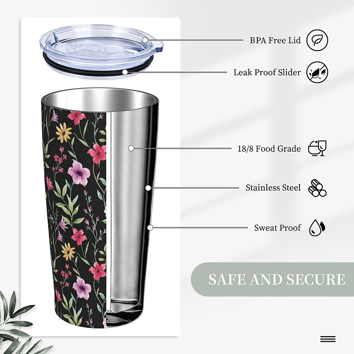 JASROTAO Beautiful Colorful Flowers Tumbler, Black Floral 20oz Stainless Steel Insulated Travel Tumbler,Travel Coffee Mug with Lid and Straw Cups Gifts for Women Men
