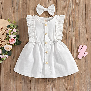 Cudilica Toddler Baby Girls Summer Dress Sleeveless Ruffle Solid Cotton Linen Button Princess Dresses Headband Infant Set (White, 6-12 Months)
