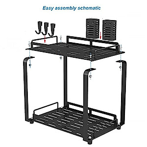 junyuan Large Bathroom Organizer Countertop,2 Tiered Bathroom Organizer Shelves with Toothbrush Holders,Bathroom Counter Storage Rack with Basket and Hooks Metal Black