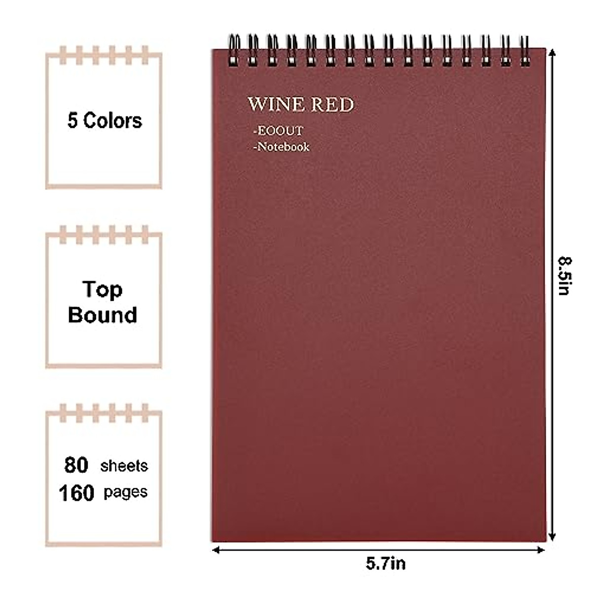 EOOUT 5pcs Top Bound Spiral Notebook 5 Color A5 Size Thick Plastic Hardcover 7mm College Ruled Paper 60 Sheets (120 Pages) Journal for School and Office Supplies