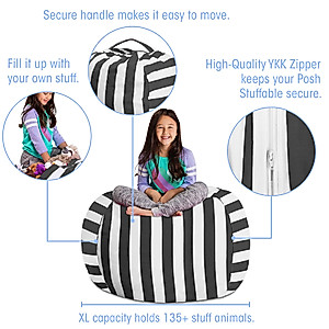 Posh Stuffable Kids Stuffed Animal Storage Bean Bag Chair Cover - Childrens Toy Organizer, X-Large 48" - Canvas Stripes Gray and White