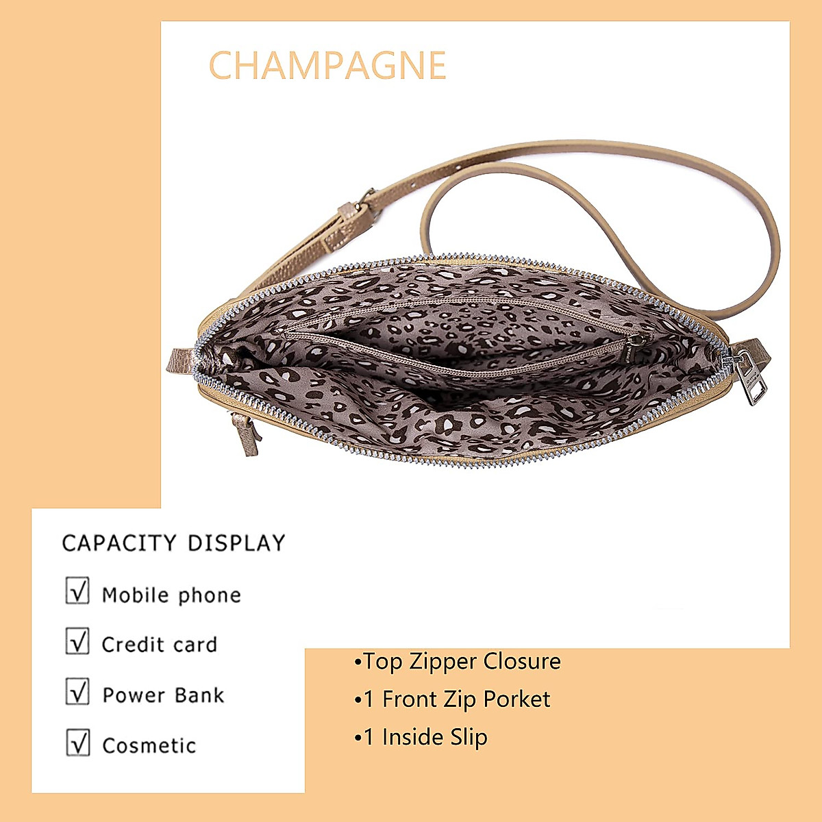 DAVIDJONES Top Zip Crossbody Bags for Women, Faux Leather Metallic Envelope Shoulder Bag Cell Phone Crossbody Purse with Long Strap-Champagne