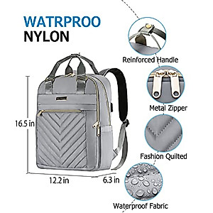 Liokesa Laptop Backpack for Women, School Backpack for Teen Girls, 15.6 Inch Quilted Womens Work Laptop Bag with USB Charging Port, Large Computer Bookbags for College Teacher, Grey