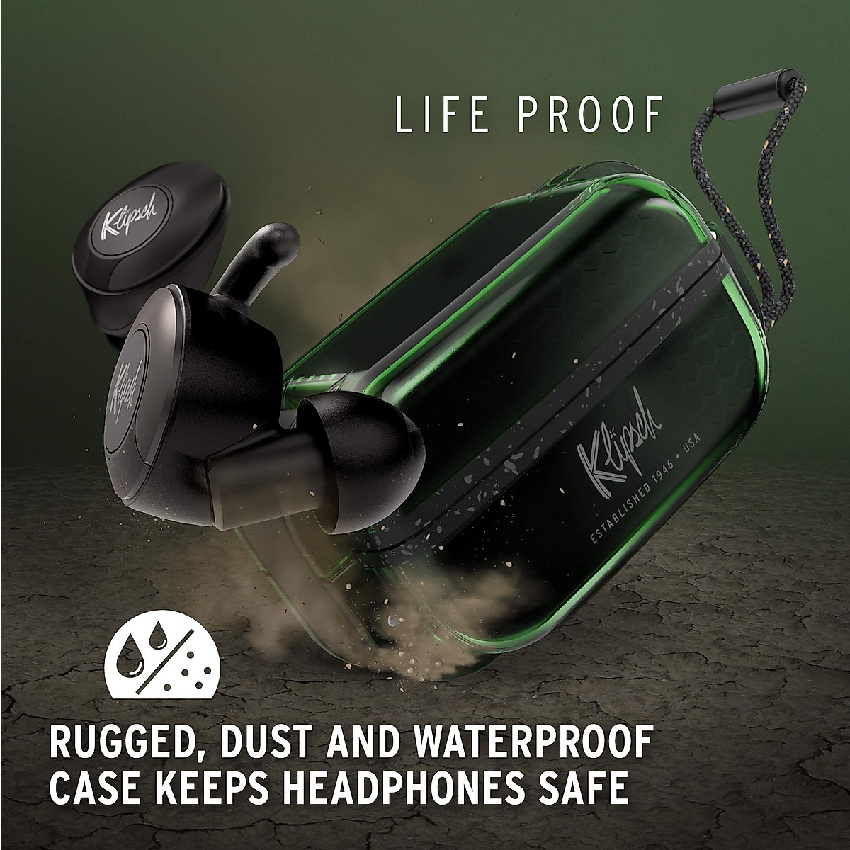 Klipsch T5 II True Wireless Sport Earphones in Green with Dust/Waterproof Case & Earbuds, Best Fitting Ear Tips, Ear Wings, 32 Hours of Battery Life, and Wireless Charging Case