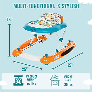 Dream On Me Go-Getter Baby Walker and Walk Behind Walker, Adjustable Seat Height, Comfortable Padded Seat, Easy to Fold, Pack and Store, Detachable Fun Tray, Orange