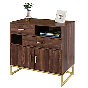 Anmytek Mid Century Wood 2 Doors Accent Storage Cabinet, Farmhouse Walnut Kitchen Buffet Sideboard with Drawers and Shelves Entryway Living Room H0038