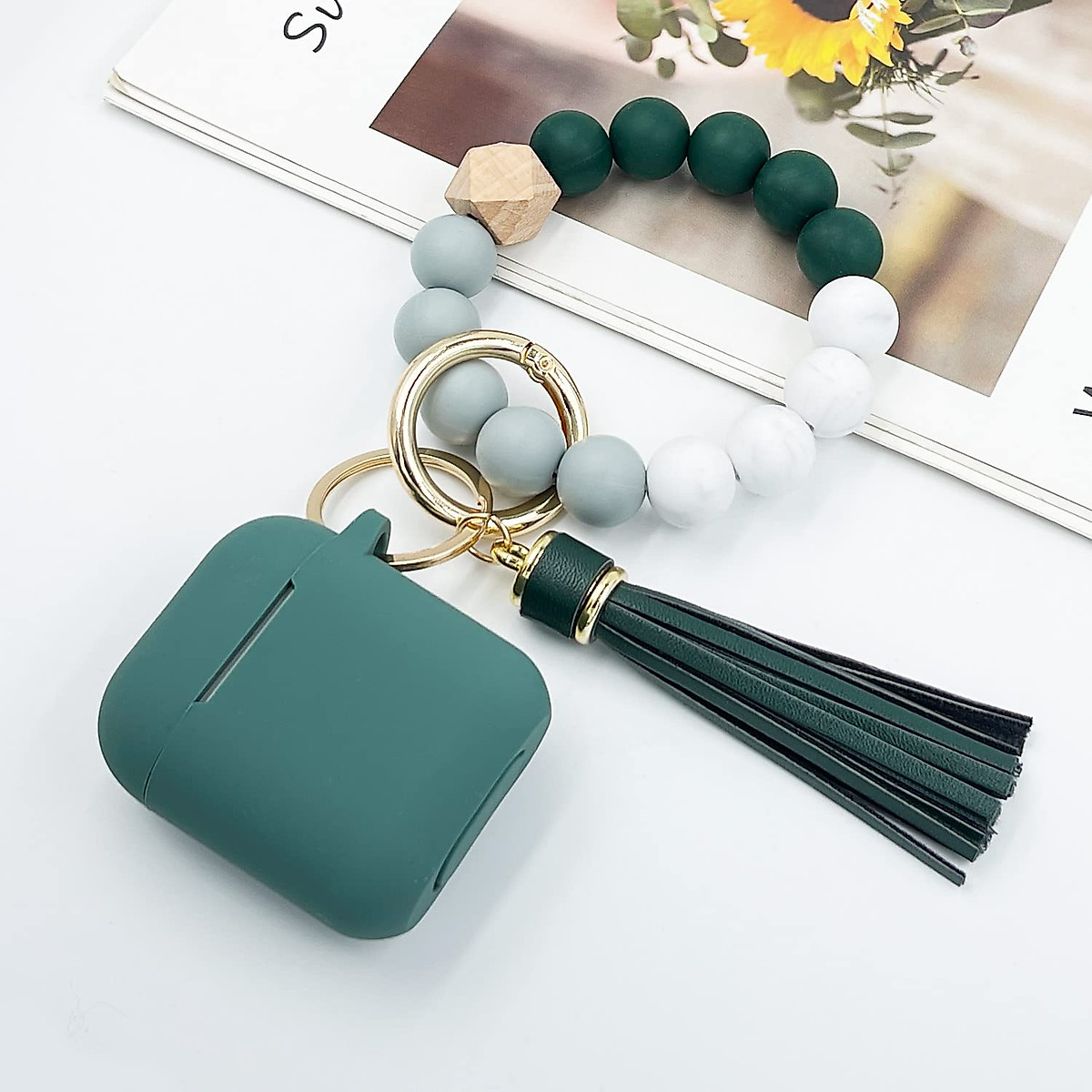 KOUJAON AirPods Case, Silicone Protective Case Cover with Beaded Bracelet Keychain Compatible with Apple AirPods 2nd 1st Generation Charging Case (Pine Green)