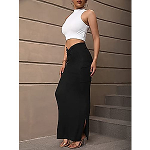 SOLY HUX Women's Y2K Skirt Long Split Solid Maxi Casual Pencil Bodycon Skirts Cargo Skirt with Pockets Solid Dark Black S