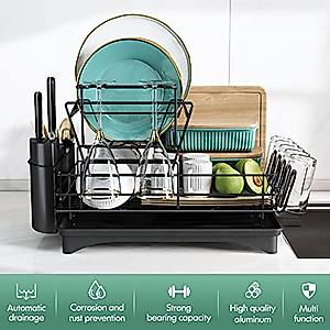 MAJALiS Dish Drying Rack Drainboard Set, 2 Tier Stainless Steel Large Dish Racks with Drainage, Wine Glass Holder, Utensil Holder and Extra Drying Mat, Dish Drainers for Kitchen Counter (Black)
