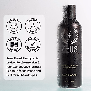 ZEUS Beard Shampoo Wash, Infused with Green Tea & Natural Ingredients to Cleanse and Soften Beard – 8 oz. Made in USA – Sandalwood