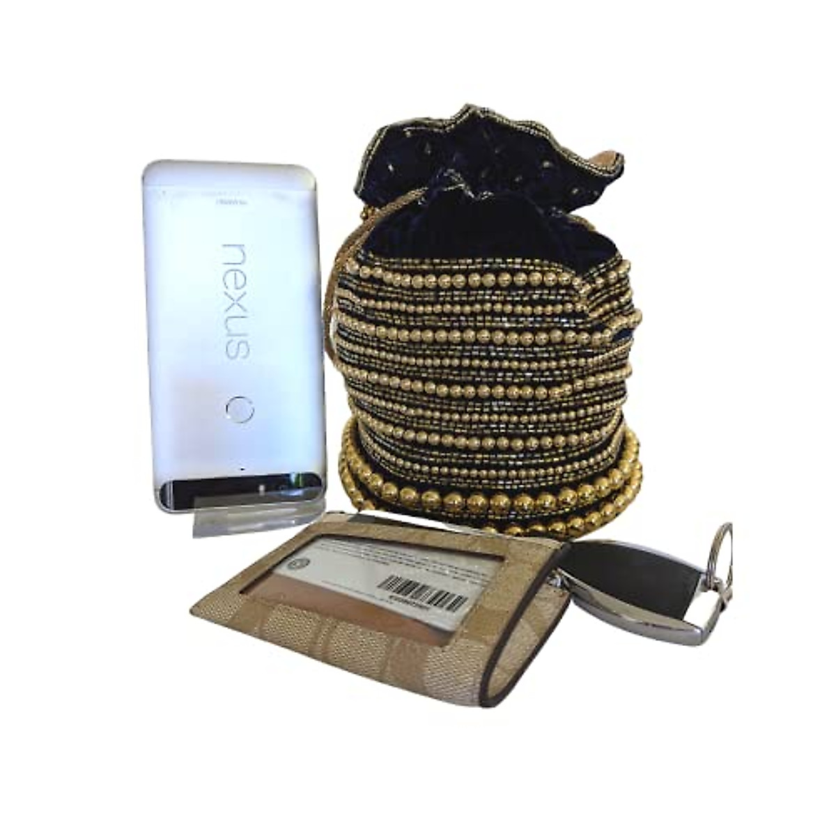 Indian Potli Bag, Bucket Bag Embellished With Golden Motifs For Parties, Weddings, Brides, Festivals, Velvet Purse (Navy)