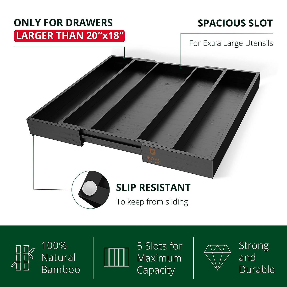ROYAL CRAFT WOOD Luxury Bamboo Caddy Expandable Drawer and Utensil Organizer, Silverware Holder and Cutlery Tray, 19.6" x17", Black
