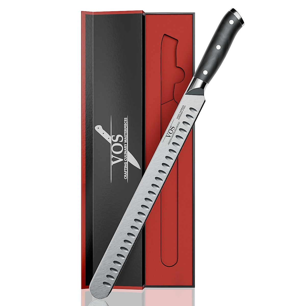 Vos 12'' Carving & Brisket Knife - Razor Sharp German Steel Butcher & Slicing Knife with Ergonomic Handle - Perfect for Meat, Bread, Cheese - Gift Box Included - BBQ & Kitchen Essential