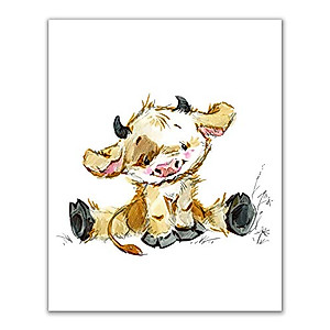 Watercolor Cartoon Cow Nursery Prints - Set of 4 (8x10) Inches Glossy Handpainted Cattle Taurus Dairy Livestock Bovinae Cute Farm Barn Holstein Kid's Baby Bedroom Wall Art Decor