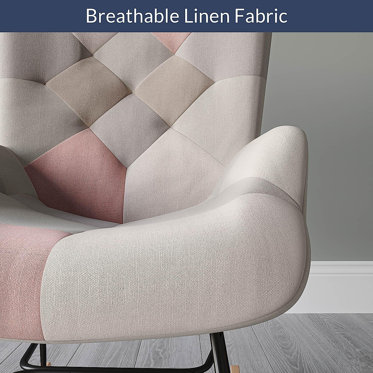 BELLEZE Colorful Patchwork Rocking Chair, Widen Nursery Rocking Chairs Comfy Linen Upholstered Glider Rocker with Solid Wood Legs for Living Room Bedroom Nursery - Paramount (Patchwork B)