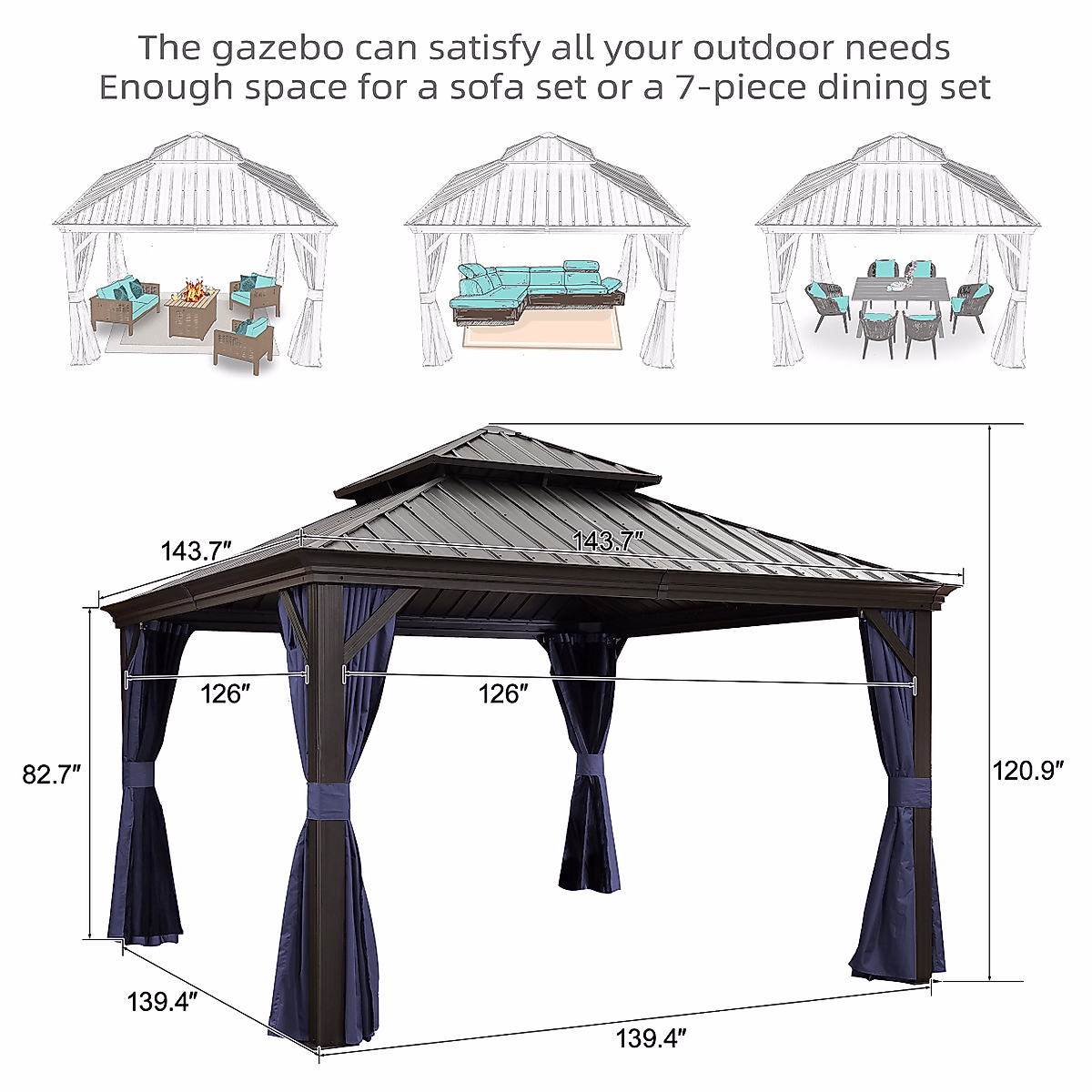PURPLE LEAF 12' X 12' Hardtop Gazebo Aluminum Frame with Galvanized Steel Double Roof for Patio Lawn and Garden, Navy Blue Curtains and Netting Included Grey Outdoor Gazebo