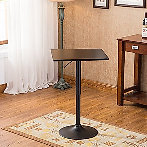 Roundhill Furniture Belham Black Square Top Adjustable Height with Black Leg and Base Metal Bar Table and 2 Swivel Black Bonded Leather Adjustable Bar Stool Bar Sets