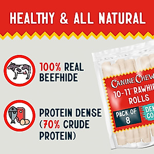Canine Chews 10-11" Dental Coated Jumbo Rawhide Retriever Rolls (8 Pack) - Breath Freshening & Long Lasting Dental Chews for Dogs Large Size - Teeth Cleaning Dog Treats for Aggressive Chewers