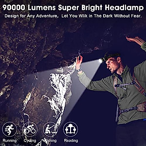 AMAKER LED Rechargeable Headlamp, 90000 Lumens Super Bright with 5 Modes & IPX6 Level Waterproof USB Rechargeable Zoom Headlamp, 90° Adjustable for Outdoor Camping, Running, Cycling,Climbing, Etc.