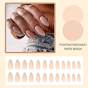 YOSOMK Nude Press on Nails Almond Shaped Fake Nails Medium Glossy Stick on Nails Natural Full Cover False Nails Acrylic Glue on Nails for Women