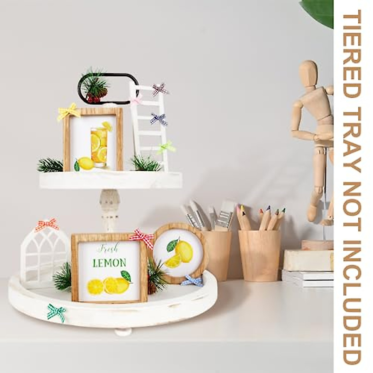Tiered Tray Seasonal Decorations Set - Farmhouse Summer Lemon Kitchen Decor, 4th of July, Valentine's Day, Spring, Fall, Christmas, Halloween Centerpiece Table Home