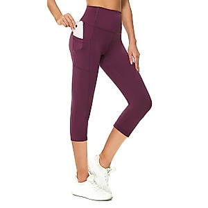Sugar Pocket Women's High Waist Yoga Pants with Pockets?Workout Running Yoga Leggings for Women M, Dark Red Capri