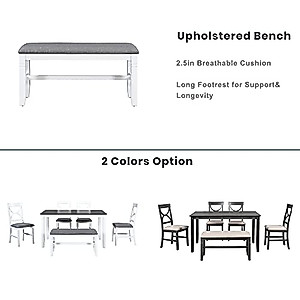 LUMISOL 6 Piece Dining Table Set Farmhouse Style Soild Wood Kitchen Dining Set with Chairs and Bench for 6 Persons, Rectangle Table with Upholstered Chair and Bench, Gray+White