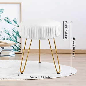 TOUCH-RICH Stripe Velvet Vanity Chair Round Ottoman,Upholstered Vanity Makeup Footstool Side Table Dressing Chair with Golden Metal Legs (Beige, Round-Normal)
